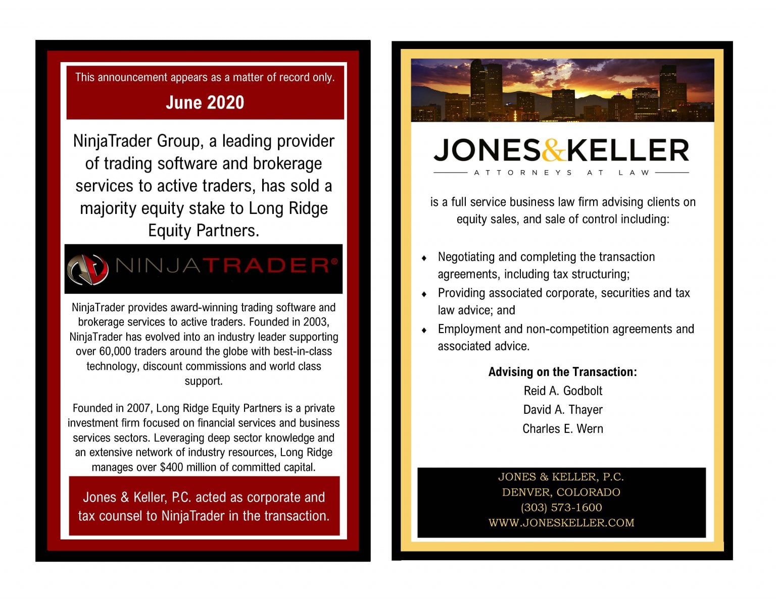 Jones & Keller advises NinjaTrader Group majority equity stake sale to ...